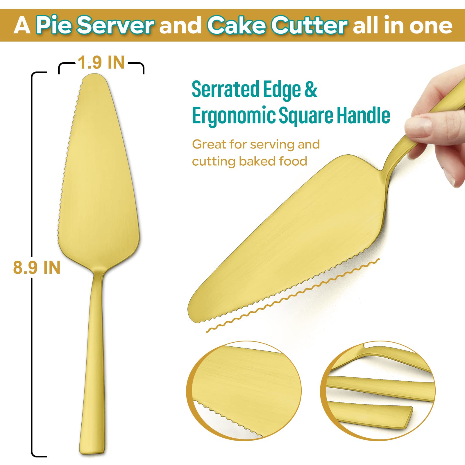 Matte Gold Pie Server Set of 5, E-far 8.9 Inch Stainless Steel Cake Server Cutter for Pastry Cheese Pizza, Serrated Edge with Square Handle