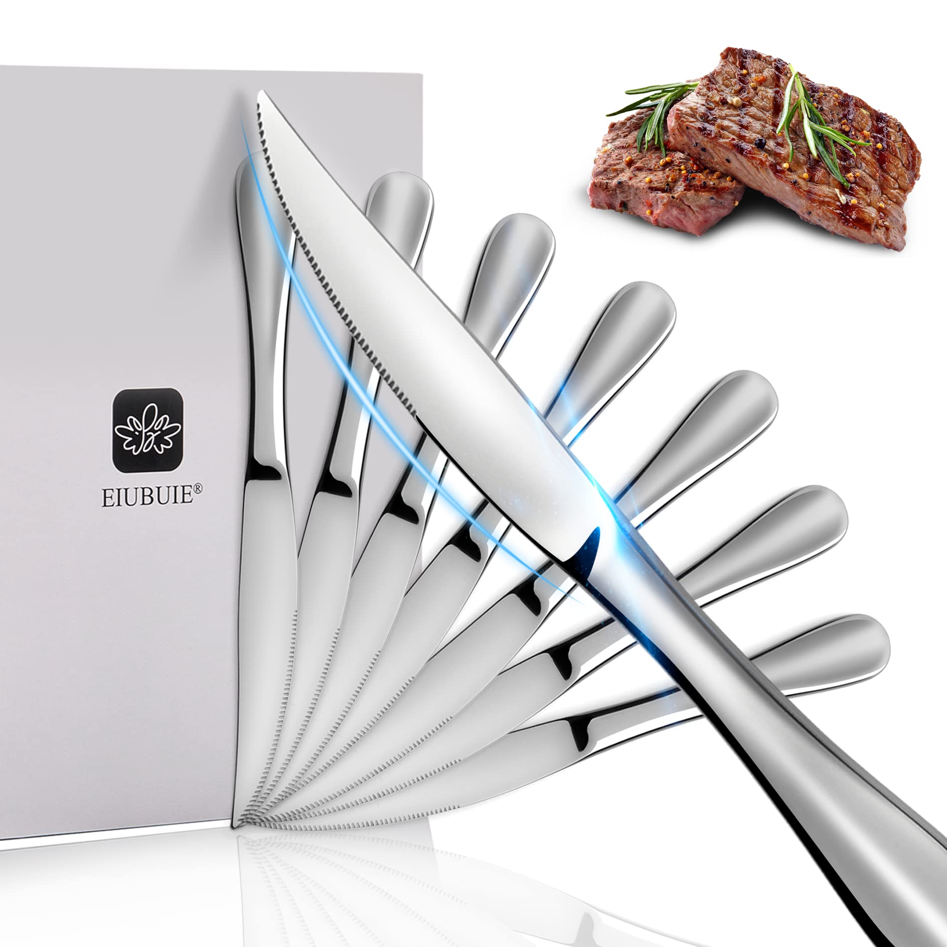 Steak Knives Set of 8, Premium Stainless Steel Steak Knife Set with One-piece Structure, Serrated Steak Knives, Traditional European Fine Kitchen Steak Knives, Gift Box, Dishwasher Safe