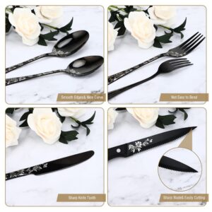 24-Piece Black Silverware Set with Steak Knives, Seolmae Unique Flower Design Stainless Steel Flatware Cutlery Set, Include Textured Fork Spoon Knife Set, Mirror Polished, Dishwasher Safe Utensils