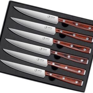 UMOGI Premium Steak Knives Set of 6 in Gift Box - Polished Wood Handle, HC German Stainless Steel, Straight Edge Non Serrated - 4.8''Dinner Knife, Kitchen Tableware Knives Cutlery Set