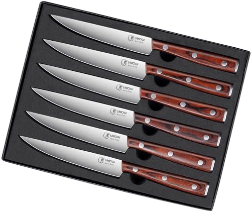 UMOGI Premium Steak Knives Set of 6 in Gift Box - Polished Wood Handle, HC German Stainless Steel, Straight Edge Non Serrated - 4.8''Dinner Knife, Kitchen Tableware Knives Cutlery Set