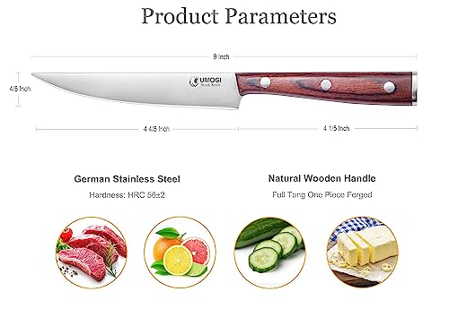 UMOGI Premium Steak Knives Set of 6 in Gift Box - Polished Wood Handle, HC German Stainless Steel, Straight Edge Non Serrated - 4.8''Dinner Knife, Kitchen Tableware Knives Cutlery Set