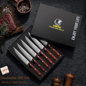 UMOGI Premium Steak Knives Set of 6 in Gift Box - Polished Wood Handle, HC German Stainless Steel, Straight Edge Non Serrated - 4.8''Dinner Knife, Kitchen Tableware Knives Cutlery Set