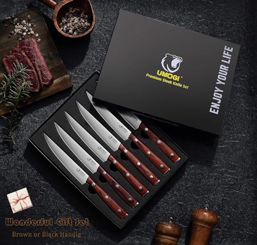 UMOGI Premium Steak Knives Set of 6 in Gift Box - Polished Wood Handle, HC German Stainless Steel, Straight Edge Non Serrated - 4.8''Dinner Knife, Kitchen Tableware Knives Cutlery Set