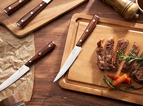 UMOGI Premium Steak Knives Set of 6 in Gift Box - Polished Wood Handle, HC German Stainless Steel, Straight Edge Non Serrated - 4.8''Dinner Knife, Kitchen Tableware Knives Cutlery Set