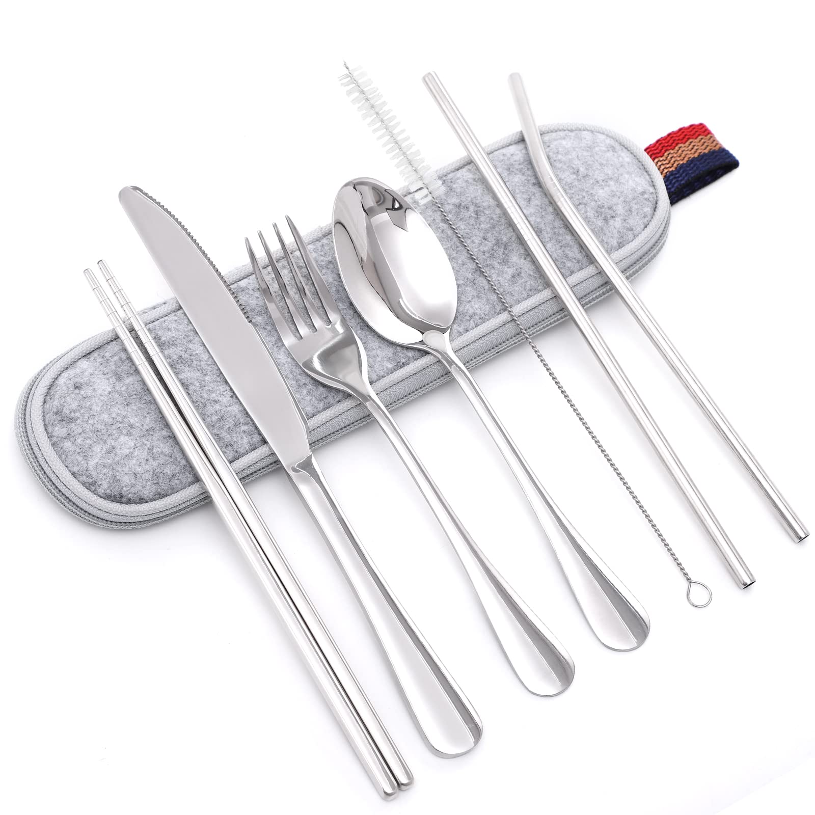 ZXZCTTC 8-Piece Stainless Steel Flatware set， Cutlery Set for Trip Camping,Dishwasher safe，including Knife Fork Spoon Chopsticks Cleaning Brush Straws with Portable Case，Not easy to fade (Silver)