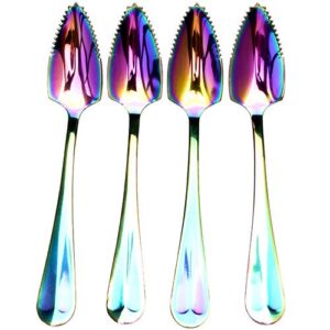 stainless steel grapefruit spoons for citrus fruit, rainbow magic mirror finish serrated grapefruit spoons, watermelon dessert spoon set of 4