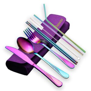 homquen portable utensils,travel camping flatware set,stainless steel silverware set,include knive/fork/spoon/chopsticks/straws/brush/portable case(colorful-8 piece)