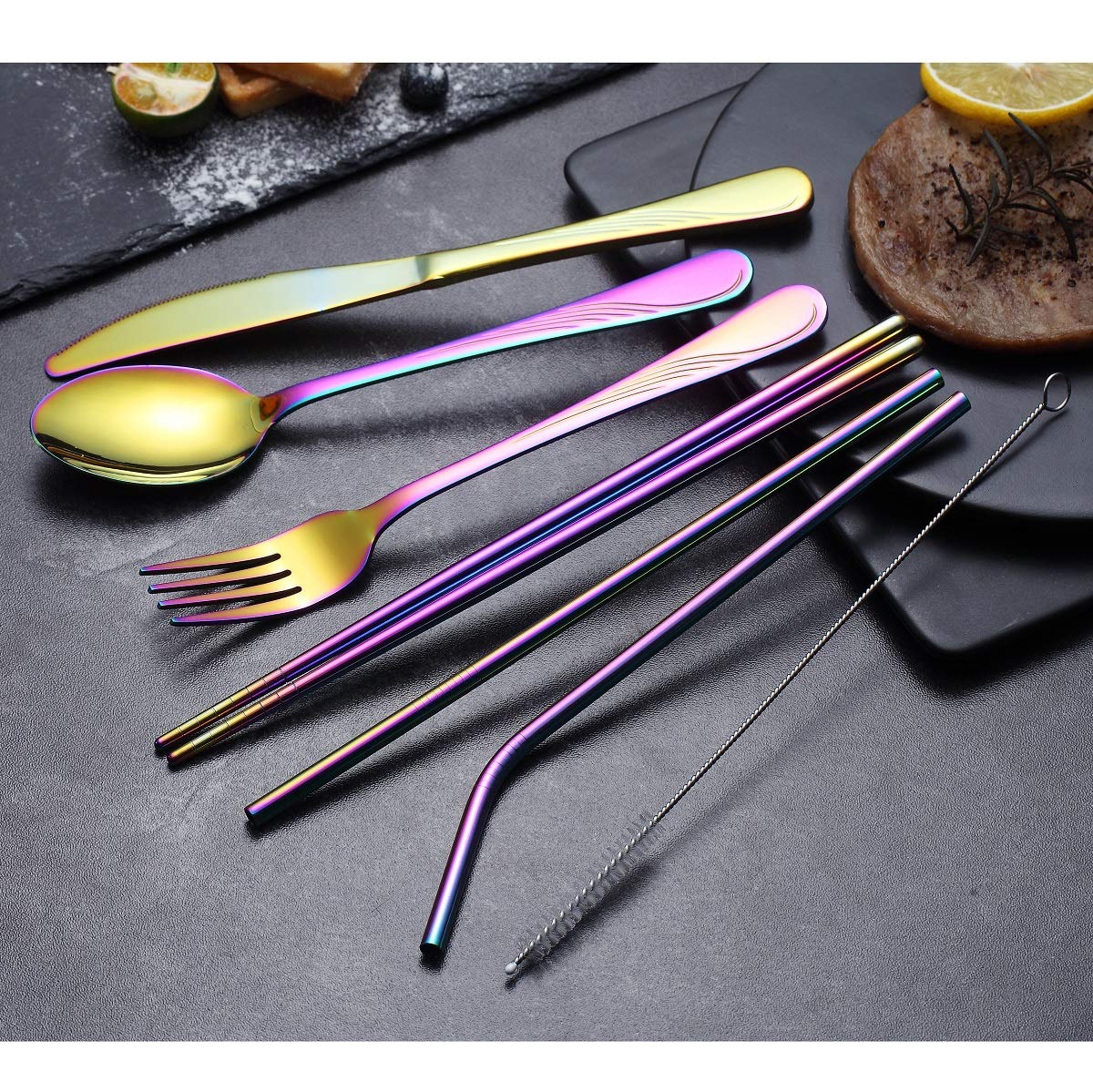 HOMQUEN Portable Utensils,Travel Camping Flatware Set,Stainless Steel Silverware Set,Include Knive/Fork/Spoon/Chopsticks/Straws/Brush/Portable Case(Colorful-8 Piece)