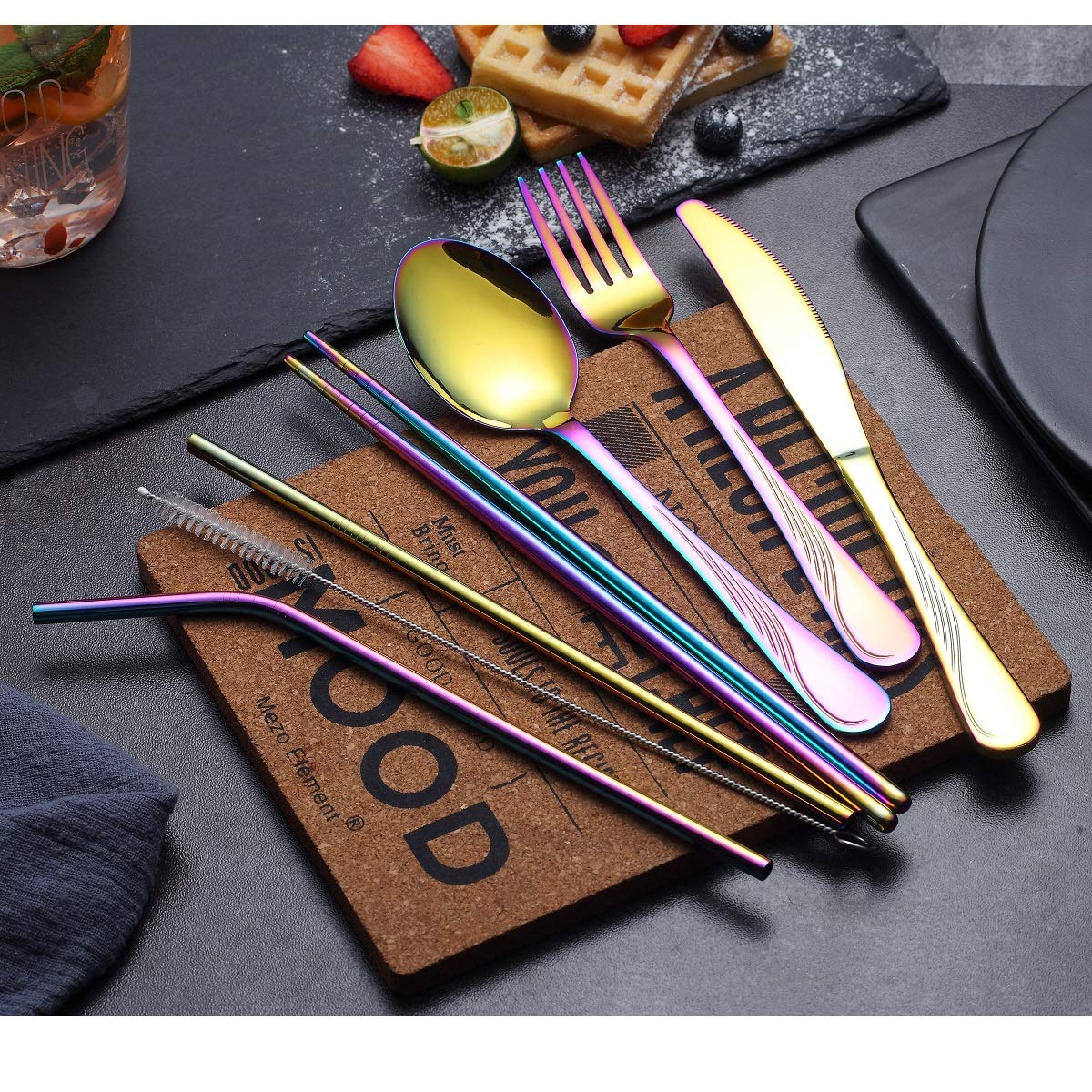 HOMQUEN Portable Utensils,Travel Camping Flatware Set,Stainless Steel Silverware Set,Include Knive/Fork/Spoon/Chopsticks/Straws/Brush/Portable Case(Colorful-8 Piece)