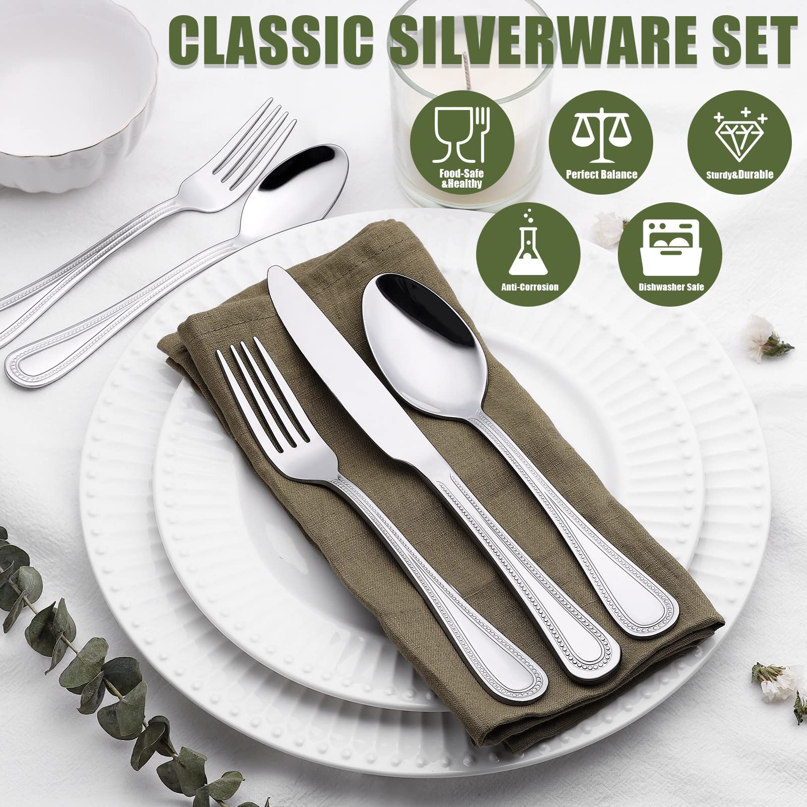 Terlulu 60 Piece Silverware Set for 12, Stainless Steel Flatware Set, Mirror Polished Cutlery Set Utensil Set, Tableware Include Forks Spoons Knives for Home Restaurant, Beaded Handle, Dishwasher Safe