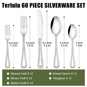 Terlulu 60 Piece Silverware Set for 12, Stainless Steel Flatware Set, Mirror Polished Cutlery Set Utensil Set, Tableware Include Forks Spoons Knives for Home Restaurant, Beaded Handle, Dishwasher Safe