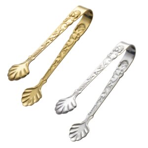 2pack rose handle sugar tongs, vintage rose relief stainless steel ice cube clips sugar tongs sliver and gold small food clips for tea and coffee party, appetizers desserts kitchen barware