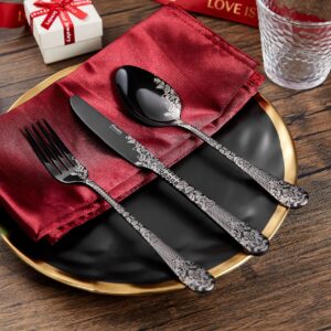 Fivent Floral Damask Rose Black Cutlery Set - 20 pcs - Includes 8 x Spoons, 8 x Forks, 4 x Knife - Stainless Steel, Dishwasher Safe, Mirror Polished Tableware - Durable Flatware - Home Kitchen