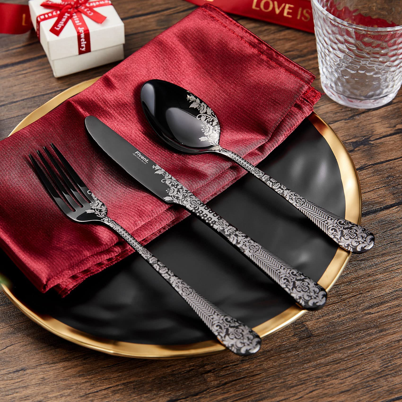 Fivent Floral Damask Rose Black Cutlery Set - 20 pcs - Includes 8 x Spoons, 8 x Forks, 4 x Knife - Stainless Steel, Dishwasher Safe, Mirror Polished Tableware - Durable Flatware - Home Kitchen