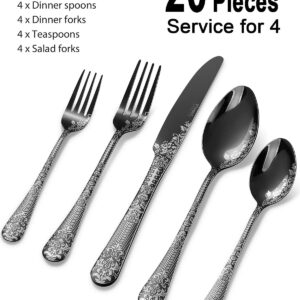 Fivent Floral Damask Rose Black Cutlery Set - 20 pcs - Includes 8 x Spoons, 8 x Forks, 4 x Knife - Stainless Steel, Dishwasher Safe, Mirror Polished Tableware - Durable Flatware - Home Kitchen