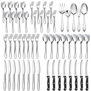 53-piece silverware set with steak knives serving utensils, e-far stainless steel flatware cutlery set for 8, modern tableware eating utensils for restaurant kitchen, mirror polished, dishwasher safe