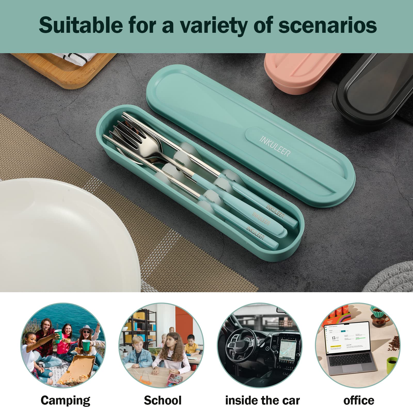 INKULEER Travel cutlery set, 18/8 stainless steel cutlery, Reusable utensils set with case, Portable Silverware Lunch Box for Camping and Office