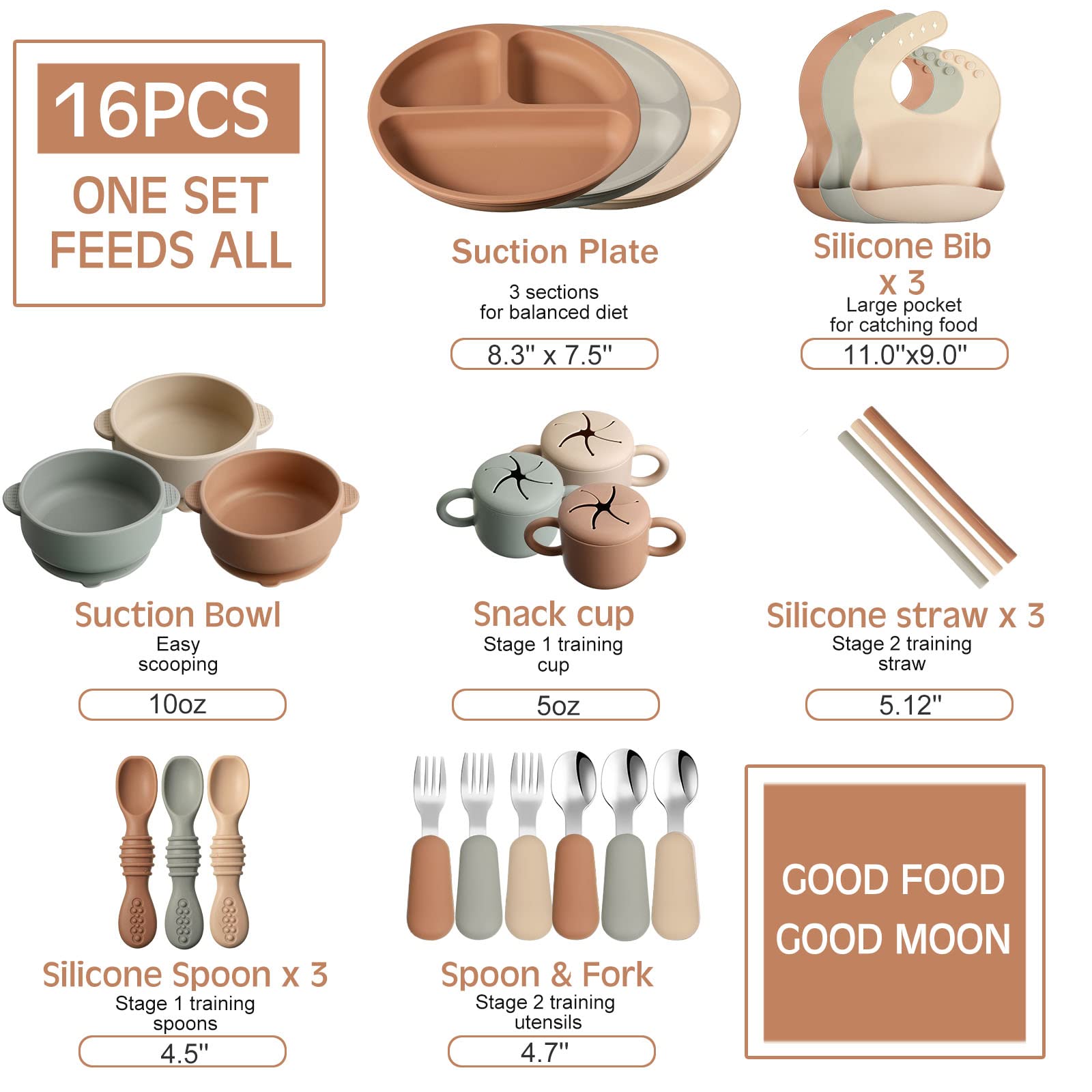 24 Pack Silicone Baby Feeding Set Baby Led Weaning Supplies Includes Suction Divided Plates Soft Bowl Spoons Forks Adjustable Bib Snack Cup and Straws for Baby Eating (Walnut Color, Beige, Smoky Gray)