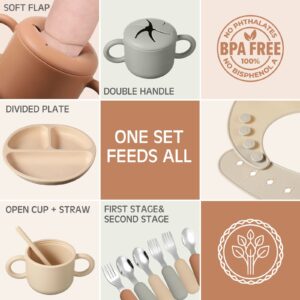 24 Pack Silicone Baby Feeding Set Baby Led Weaning Supplies Includes Suction Divided Plates Soft Bowl Spoons Forks Adjustable Bib Snack Cup and Straws for Baby Eating (Walnut Color, Beige, Smoky Gray)