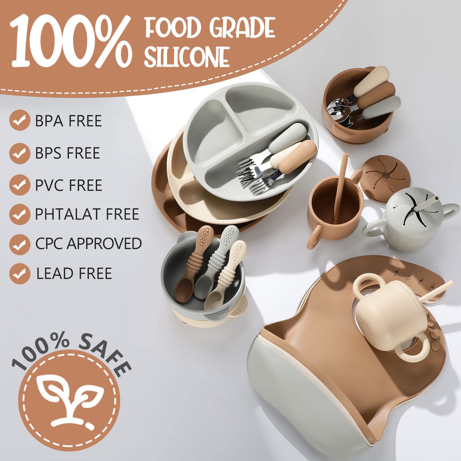 24 Pack Silicone Baby Feeding Set Baby Led Weaning Supplies Includes Suction Divided Plates Soft Bowl Spoons Forks Adjustable Bib Snack Cup and Straws for Baby Eating (Walnut Color, Beige, Smoky Gray)