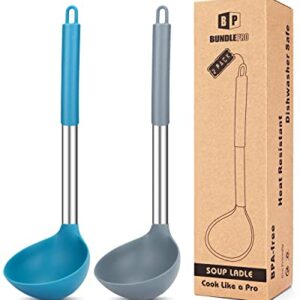 Pack of 2 Ladle Spoon,Silicone Large Spoon for Soup,Non Stick Kitchen Utensils with High Heat Resistant,BPA Free Perfect Kitchen Tools for Cooking, Stirring,Serving Soups (GRAY BLUE)