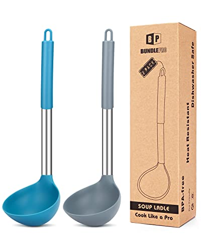 Pack of 2 Ladle Spoon,Silicone Large Spoon for Soup,Non Stick Kitchen Utensils with High Heat Resistant,BPA Free Perfect Kitchen Tools for Cooking, Stirring,Serving Soups (GRAY BLUE)