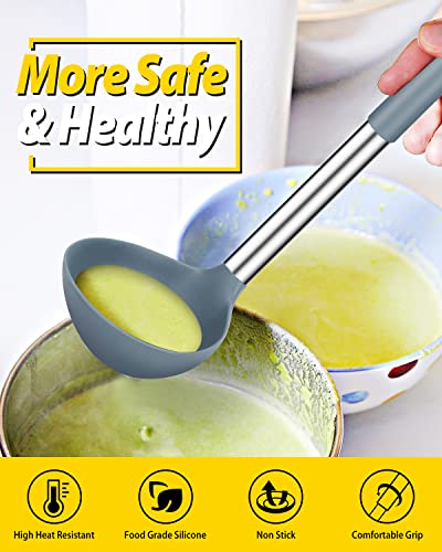 Pack of 2 Ladle Spoon,Silicone Large Spoon for Soup,Non Stick Kitchen Utensils with High Heat Resistant,BPA Free Perfect Kitchen Tools for Cooking, Stirring,Serving Soups (GRAY BLUE)