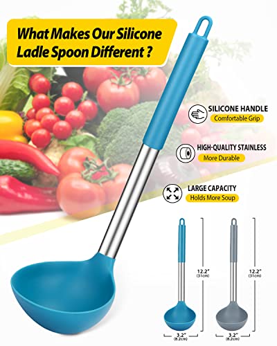 Pack of 2 Ladle Spoon,Silicone Large Spoon for Soup,Non Stick Kitchen Utensils with High Heat Resistant,BPA Free Perfect Kitchen Tools for Cooking, Stirring,Serving Soups (GRAY BLUE)