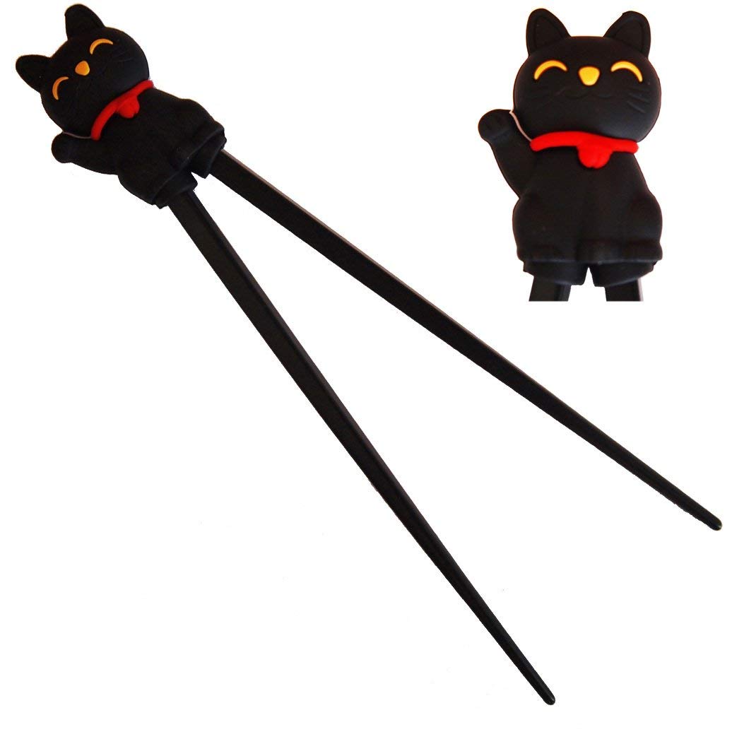 Happy Sales HSTC-LKCBLK, Training chopsticks for beginners right or left handed, Black Cat