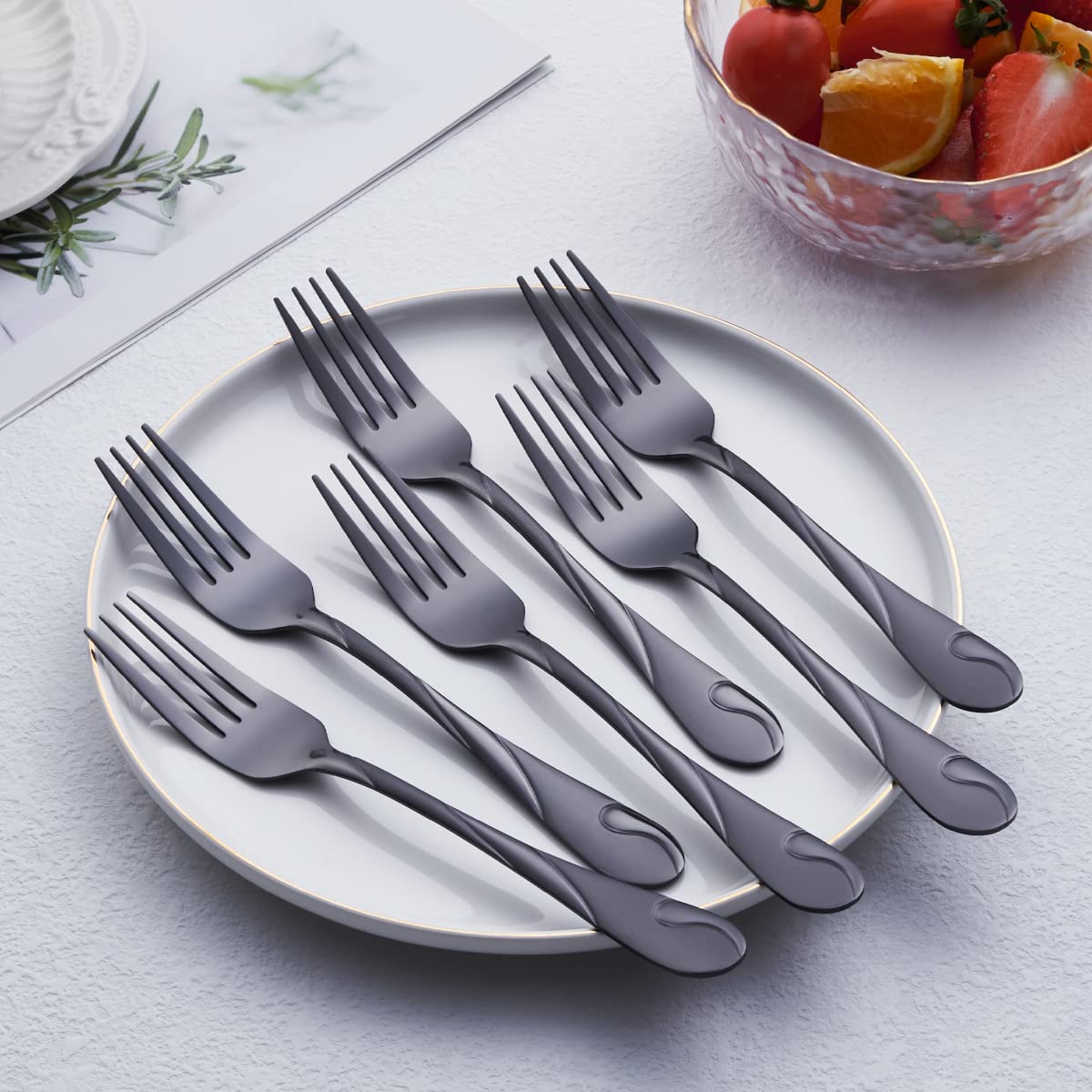 Black Salad Fork Set, Seeshine 6.9-inch Stainless Steel Shiny Black Metal Dessert Fork, Small Cake Fork, Set of 6