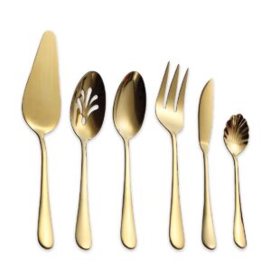 berglander stainless steel golden titanium plated flatware serving set 6 pieces, 5 serving pieces of 45 pieces flatware with 1 cake server, golden serving silverware set (shiny golden)