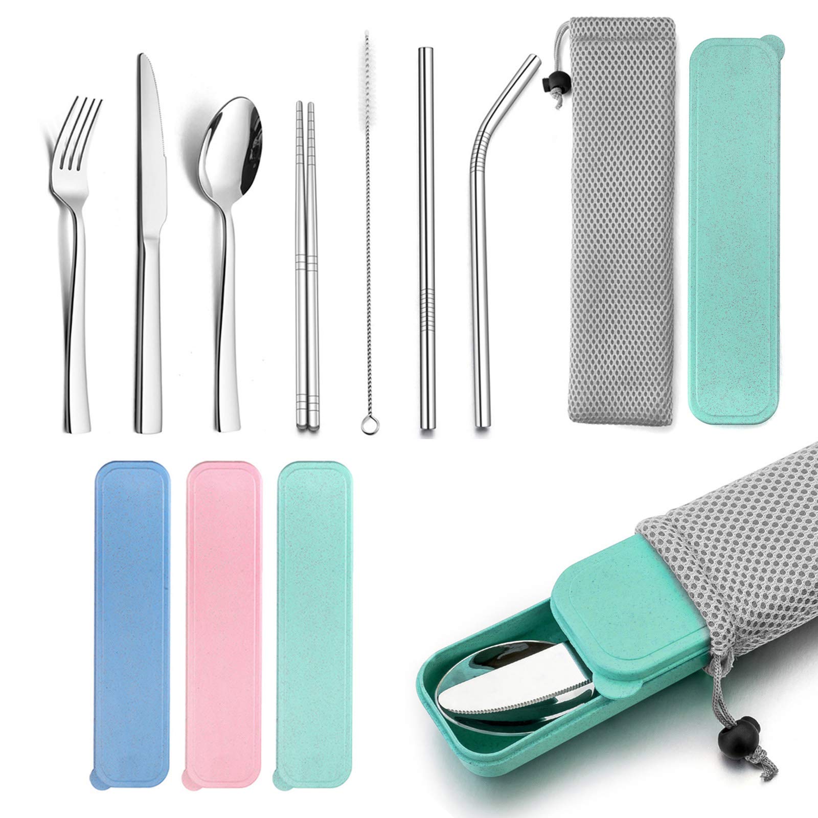 HaWare Portable Travel Utensils with Case, Stainless Steel Silverware Set for Camping Office School Lunch, Including Knife Fork Spoon Chopsticks, Reusable and Dishwasher Safe(Green)