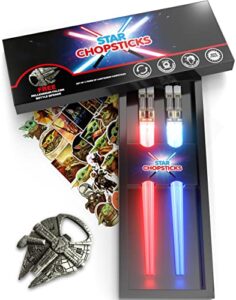 star chopsticks | free bottle opener & stickers | 2 pairs dark box | lightsaber chopsticks | star gifts and toys for kids | led light up reusable safe chopstick (old model)