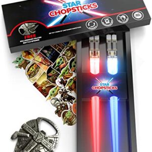 STAR CHOPSTICKS | FREE BOTTLE OPENER & STICKERS | 2 PAIRS DARK BOX | Lightsaber Chopsticks | Star Gifts and Toys for Kids | LED Light Up Reusable Safe Chopstick (Old Model)