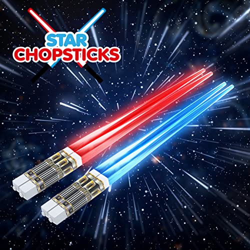 STAR CHOPSTICKS | FREE BOTTLE OPENER & STICKERS | 2 PAIRS DARK BOX | Lightsaber Chopsticks | Star Gifts and Toys for Kids | LED Light Up Reusable Safe Chopstick (Old Model)