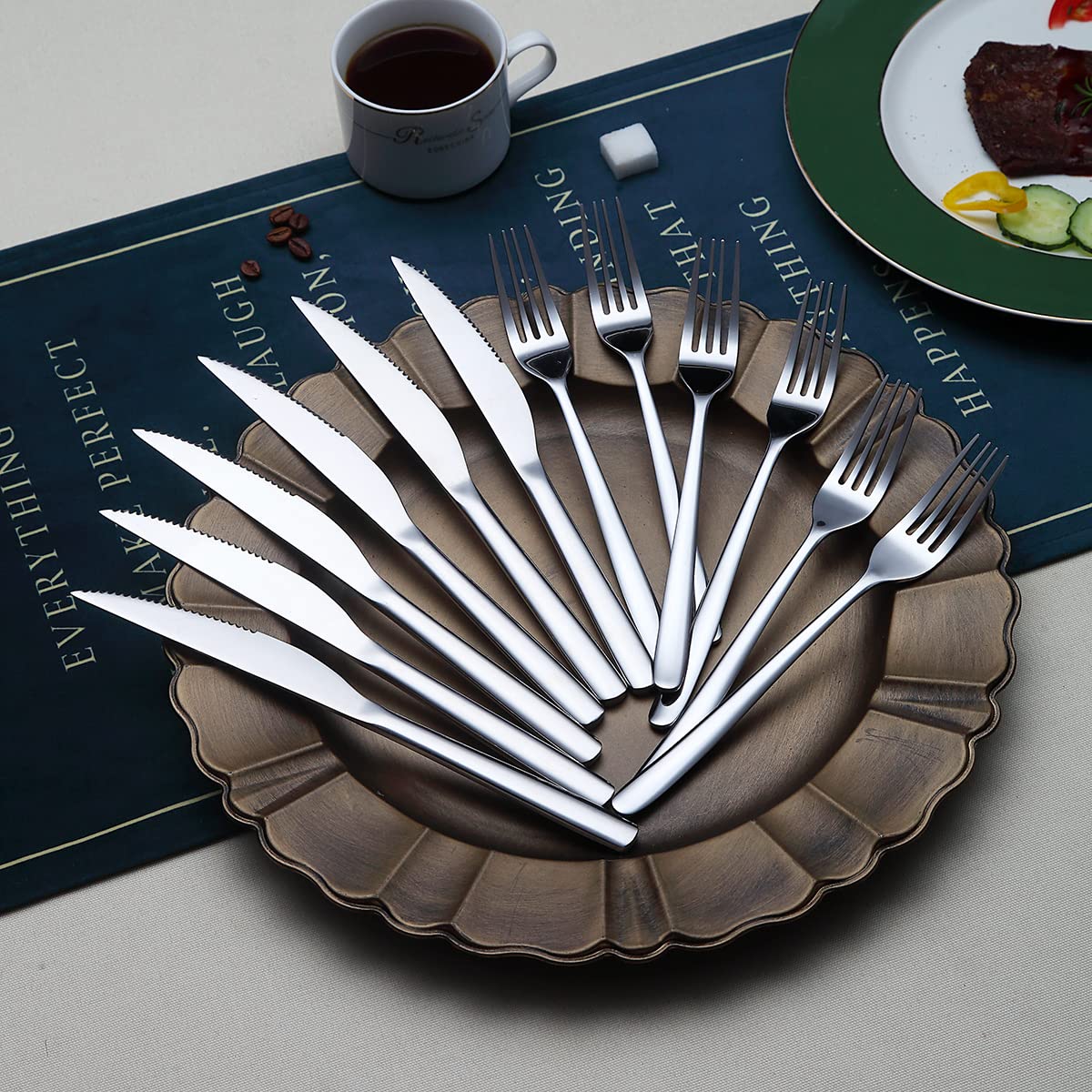 Steak Knives Set 12 Piece, Premium Stainless Steel 6 Dinner Forks and 6 Dinner Knives Set, Steak Knives Steak Forks for 6 Person, Mirror Polish, Dishwasher Safe (Shiny Silver)