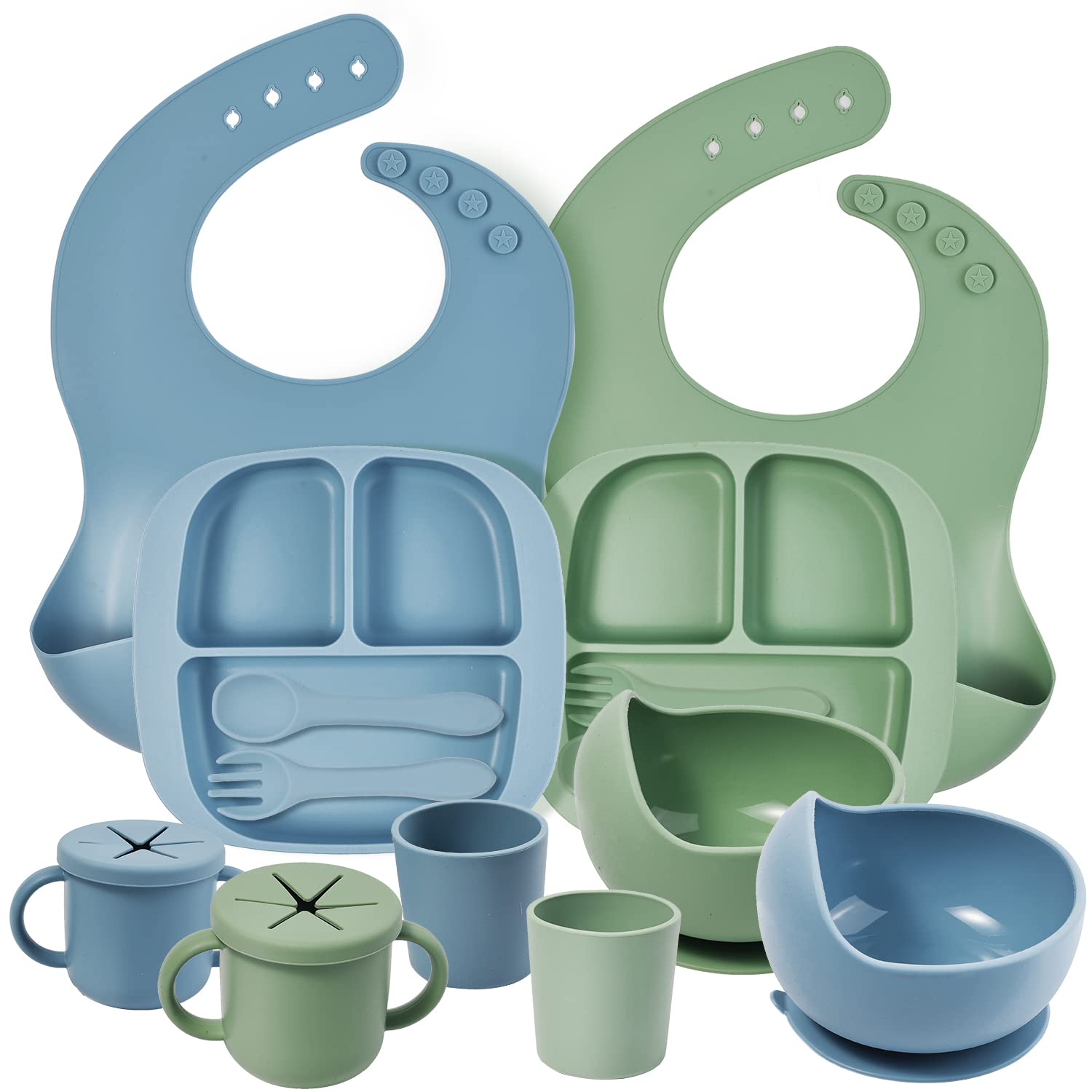 Silicone Baby Feeding Set - 14 Pack Baby Led Weaning Supplies for Toddlers, Infant First Stage Eating Set with Suction Plates & Bowls, Bibs, Water Cups, Snack Cups, Spoons and Forks (Blue & Green)