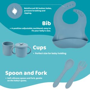 Silicone Baby Feeding Set - 14 Pack Baby Led Weaning Supplies for Toddlers, Infant First Stage Eating Set with Suction Plates & Bowls, Bibs, Water Cups, Snack Cups, Spoons and Forks (Blue & Green)