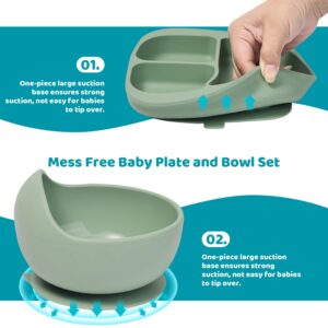 Silicone Baby Feeding Set - 14 Pack Baby Led Weaning Supplies for Toddlers, Infant First Stage Eating Set with Suction Plates & Bowls, Bibs, Water Cups, Snack Cups, Spoons and Forks (Blue & Green)