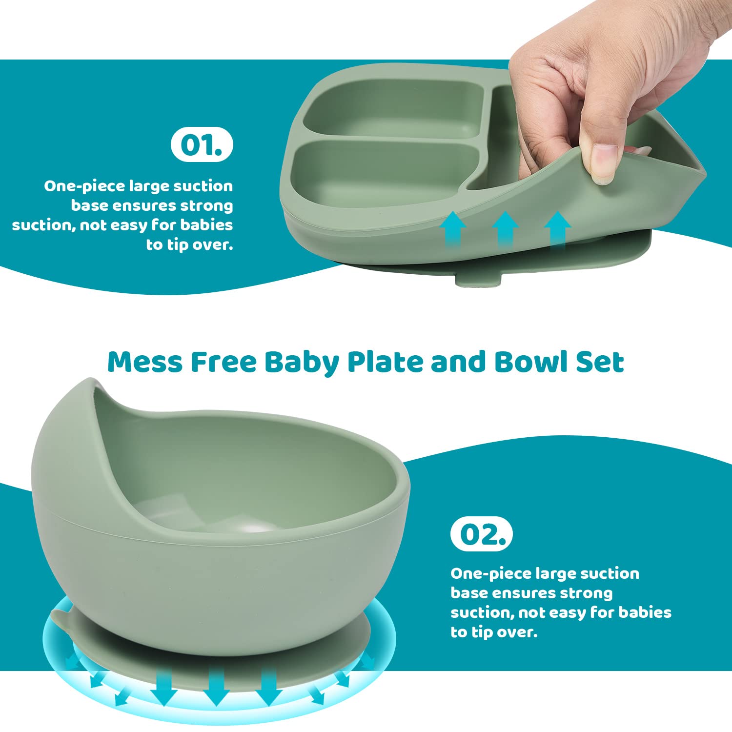 Silicone Baby Feeding Set - 14 Pack Baby Led Weaning Supplies for Toddlers, Infant First Stage Eating Set with Suction Plates & Bowls, Bibs, Water Cups, Snack Cups, Spoons and Forks (Blue & Green)