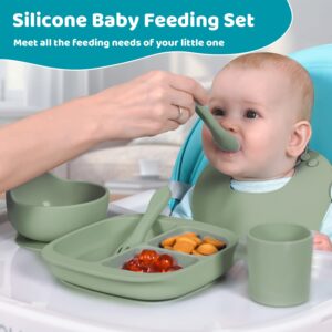 Silicone Baby Feeding Set - 14 Pack Baby Led Weaning Supplies for Toddlers, Infant First Stage Eating Set with Suction Plates & Bowls, Bibs, Water Cups, Snack Cups, Spoons and Forks (Blue & Green)