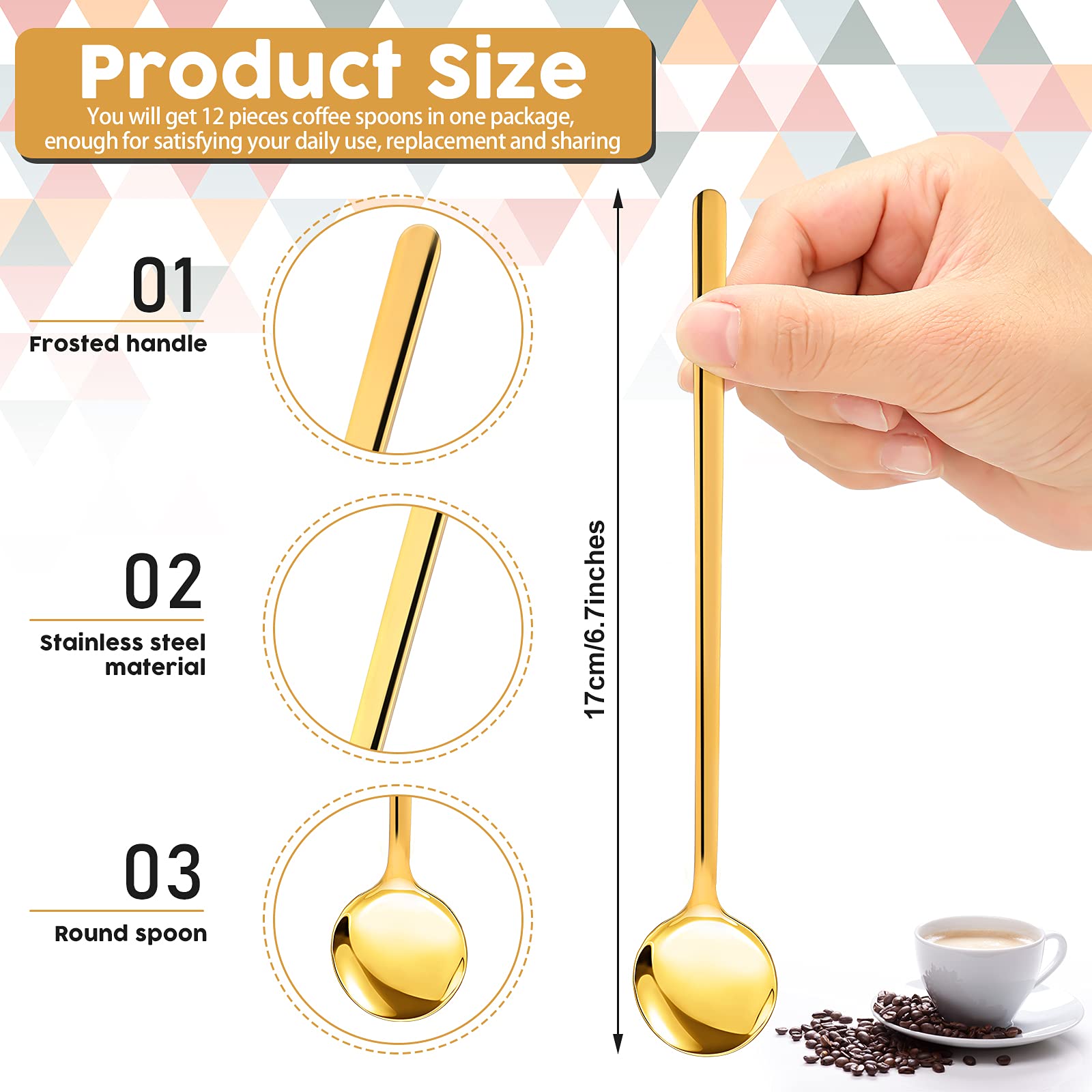 Coffee Spoons Gold 6.7 Inch Long Handle Stirring Spoons Gold Espresso Spoons Stainless Steel Tea Spoon Mini Tasteless Dessert Table Spoons Stirring Spoon for Sugar Cake Ice Cream Cappuccino (12 Pcs)