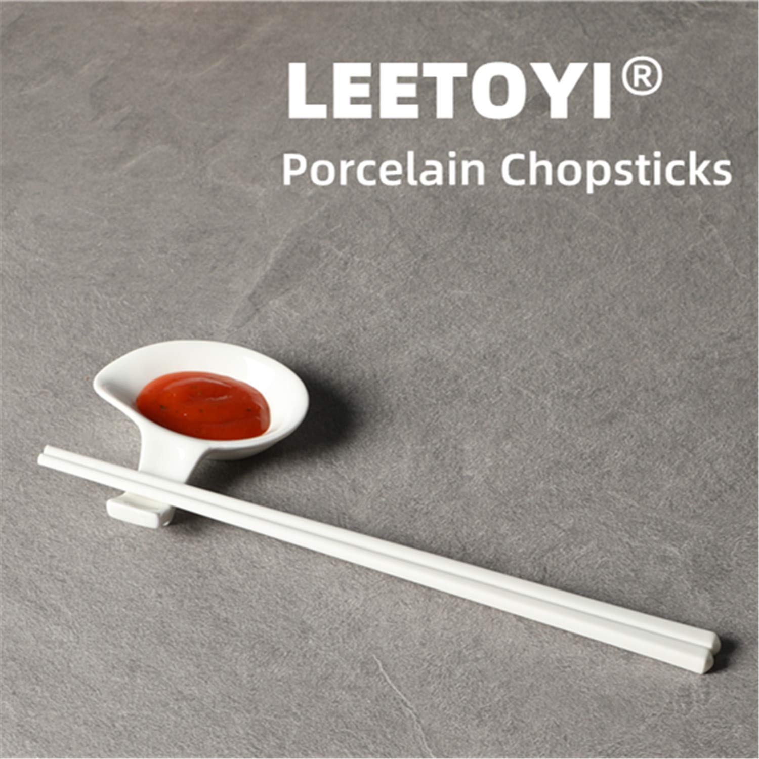 LEETOYI Ceramic Chopsticks Set of 5, Porcelain Chinese Chopsticks Easy To Clean, 9.6-Inch (White)