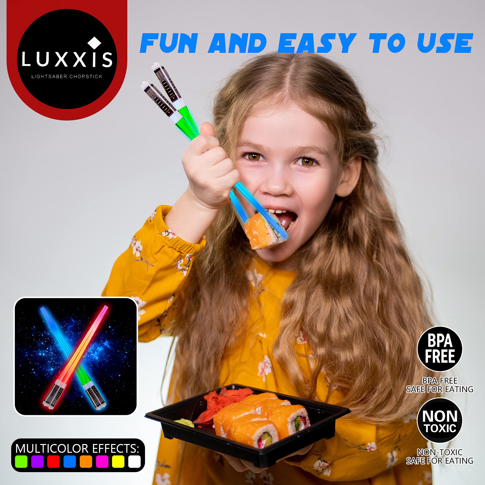 Luxxis Lightsaber Star Wars Chopsticks Light Up LED glowing Multicolor Chopsticks for Fun Theme Party and Gift Set [2 pairs - multicolor] with Bottle Opener and Gift Ready Post Card