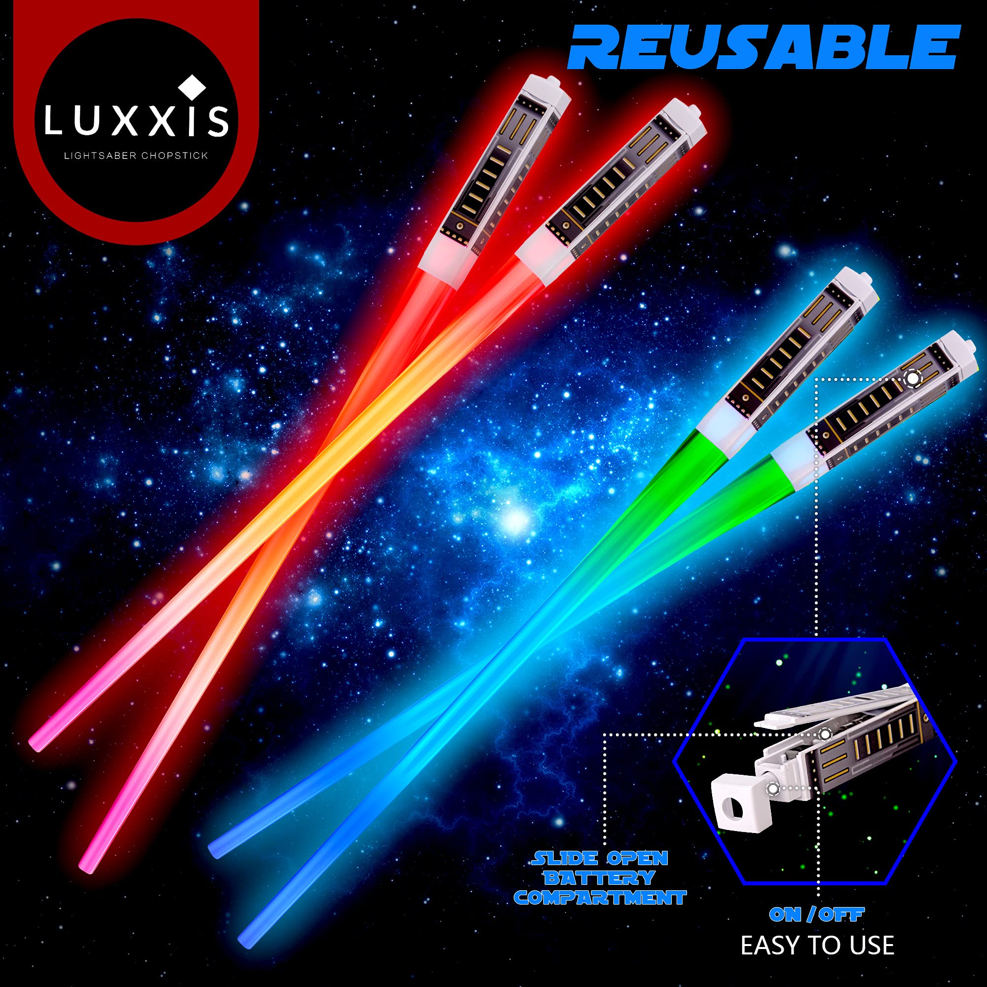 Luxxis Lightsaber Star Wars Chopsticks Light Up LED glowing Multicolor Chopsticks for Fun Theme Party and Gift Set [2 pairs - multicolor] with Bottle Opener and Gift Ready Post Card