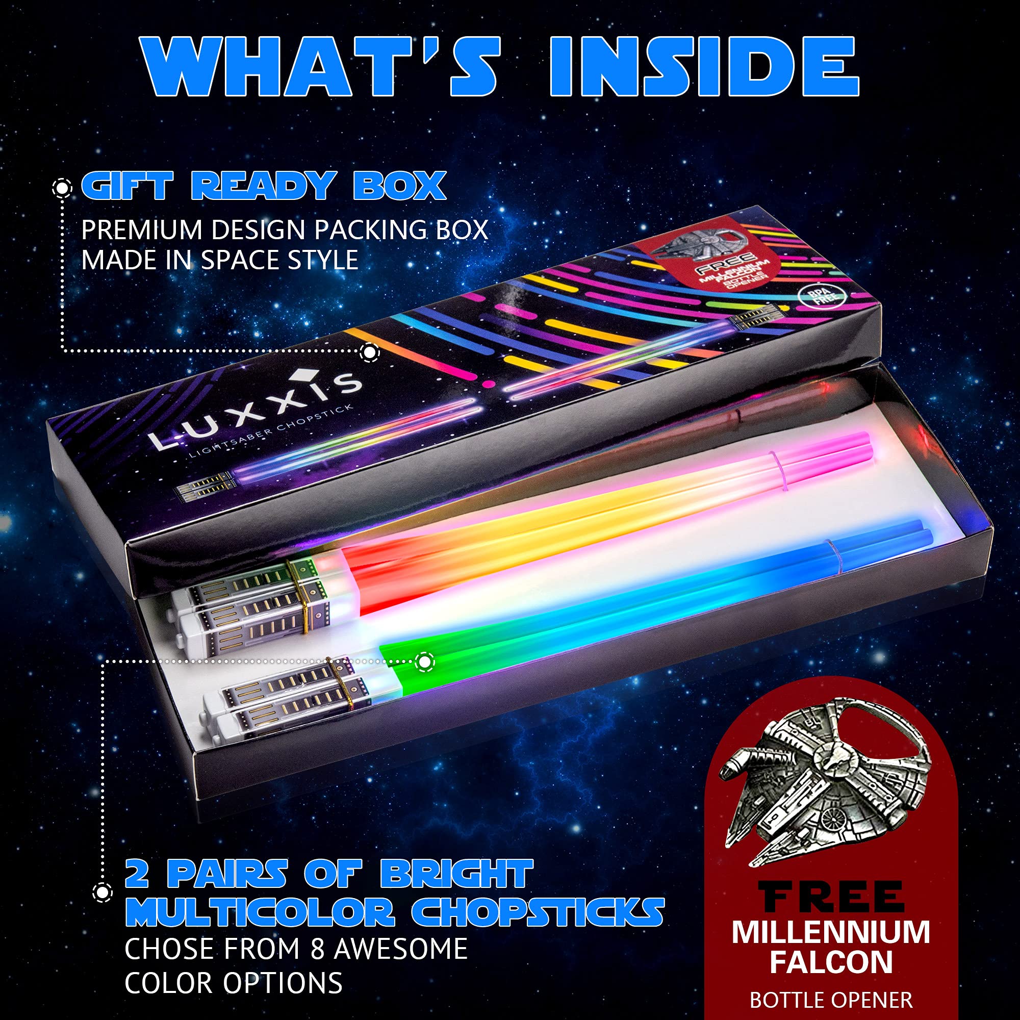 Luxxis Lightsaber Star Wars Chopsticks Light Up LED glowing Multicolor Chopsticks for Fun Theme Party and Gift Set [2 pairs - multicolor] with Bottle Opener and Gift Ready Post Card