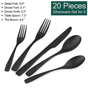 Bettlife Matte Black Silverware 20 Piece, Spoon and Fork Set, Kitchen Cutlery Set for New Apartment, Stainless Steel, Dishwasher Safe