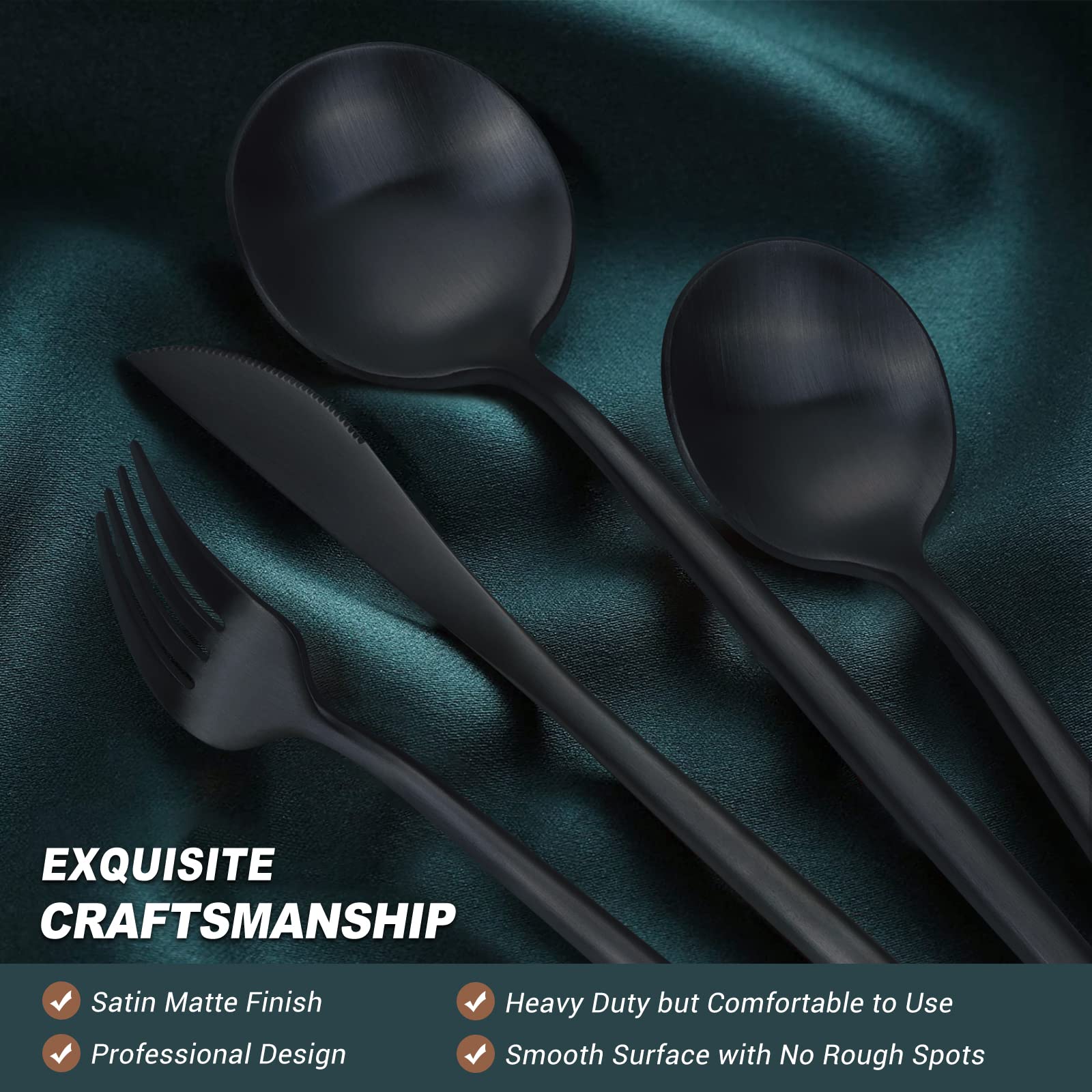 EUIRIO 48-Piece Matte Black Silverware Set with Steak Knives, Black Flatware Set for 8, Stainless Steel Forks and Spoons Silverware Sets, Black Cutlery Utensils Set, Satin Finish & Dishwasher Safe