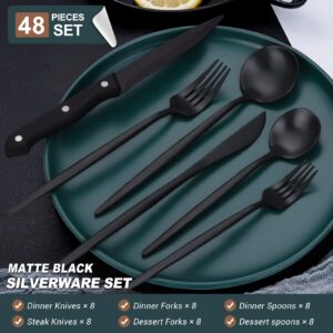 EUIRIO 48-Piece Matte Black Silverware Set with Steak Knives, Black Flatware Set for 8, Stainless Steel Forks and Spoons Silverware Sets, Black Cutlery Utensils Set, Satin Finish & Dishwasher Safe